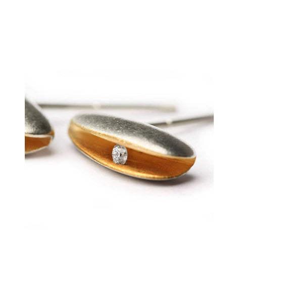 Front diamond silver shell stud earrings with 22K gold plated interior ...