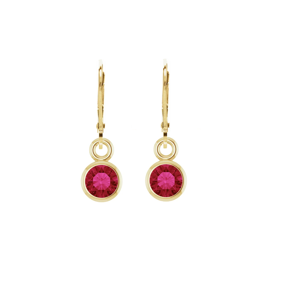 Round Natural Ruby Bezel Lever Back Earrings in 14k Gold – Lireille