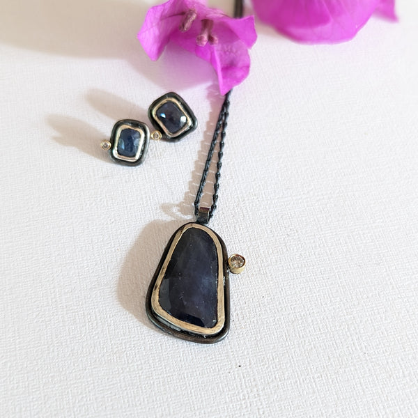 Oxidised Sapphire Shard Pendant with Diamond Accent – Lireille